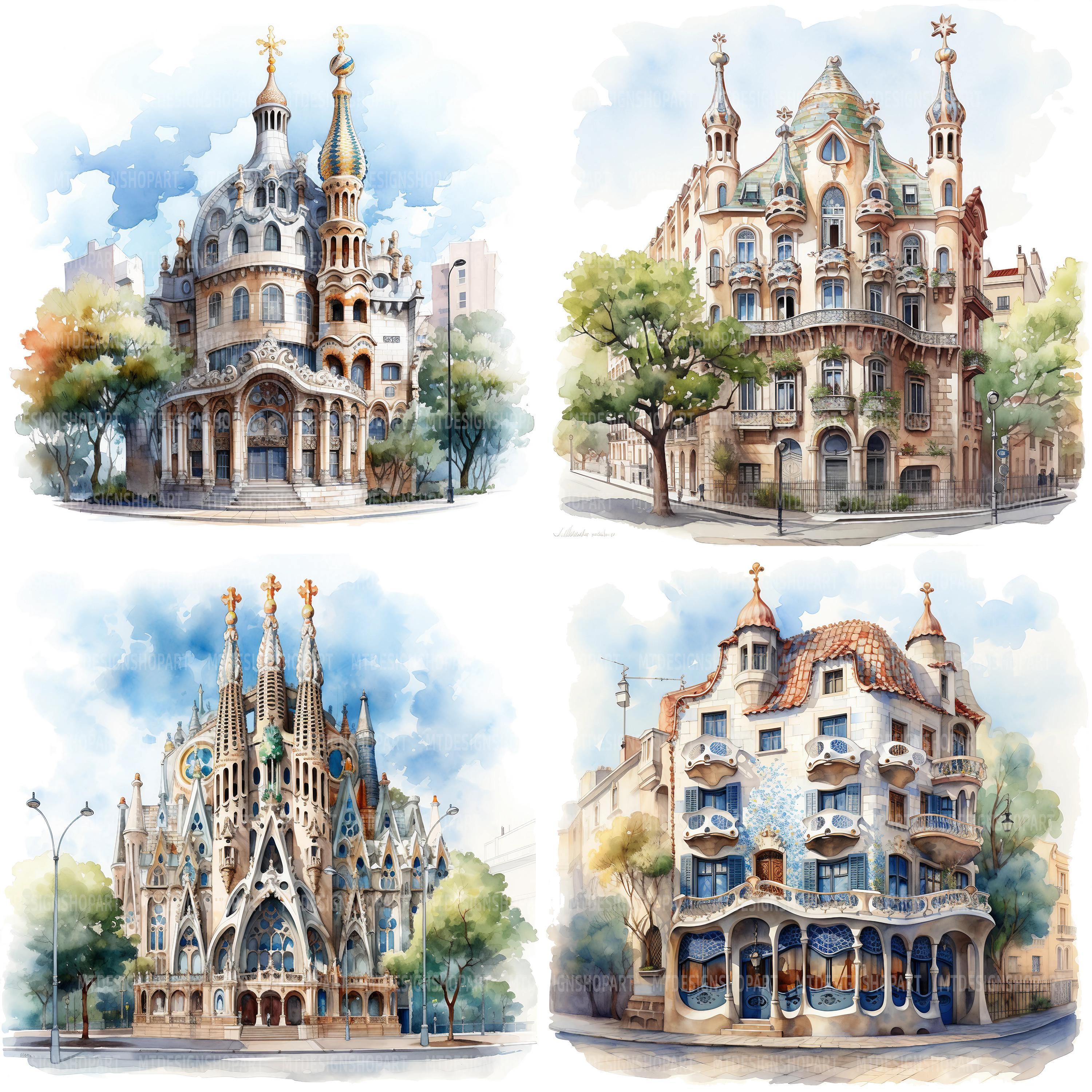 16 Gaudi Building in Barcelona Clipart, Watercolor Barcelona, Printable ...