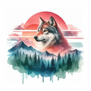 18 Wolf Sunset Clipart, Printable Watercolor Clipart, Watercolor Wolf ...
