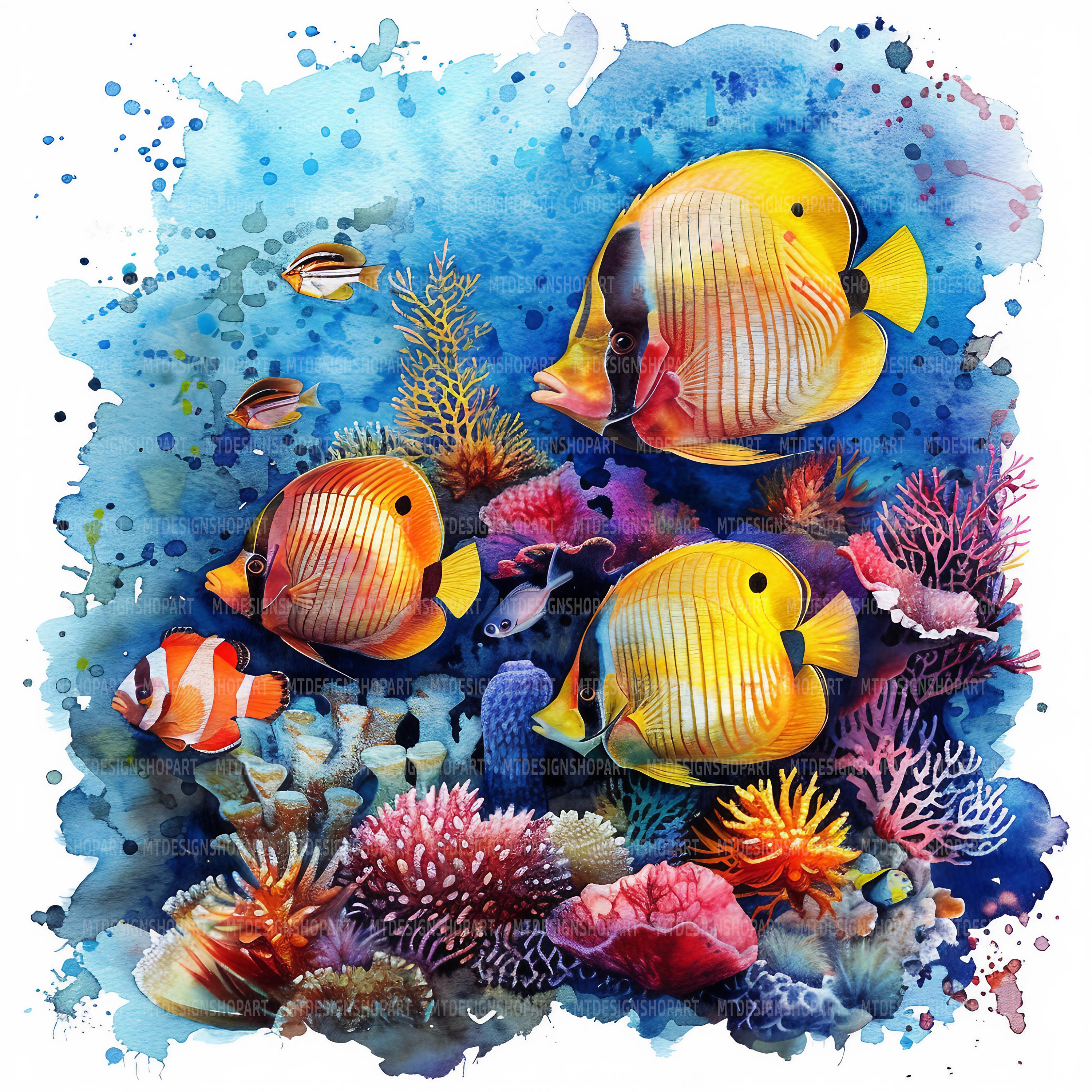 10 Coral Reef Clipart, Underwater Life Clipart, Printable Watercolor ...