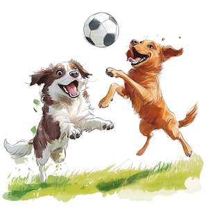 16 Dogs Playing Football Clipart, Printable Watercolor Clipart, Paper ...