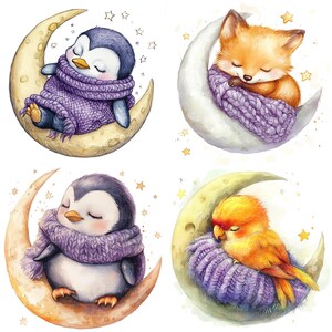 22 Sleeping Baby Animals on Moon Clipart, Cute Sleepy Animal, Printable ...