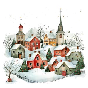 12 Christmas Town Clipart, Winter Village , Printable Watercolor ...