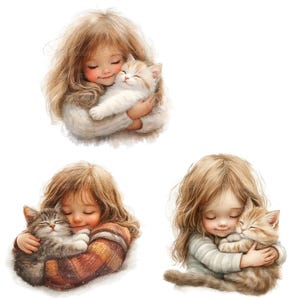 21 Little Girl Hugging Kitten Clipart, Kitten and Girl, Printable ...