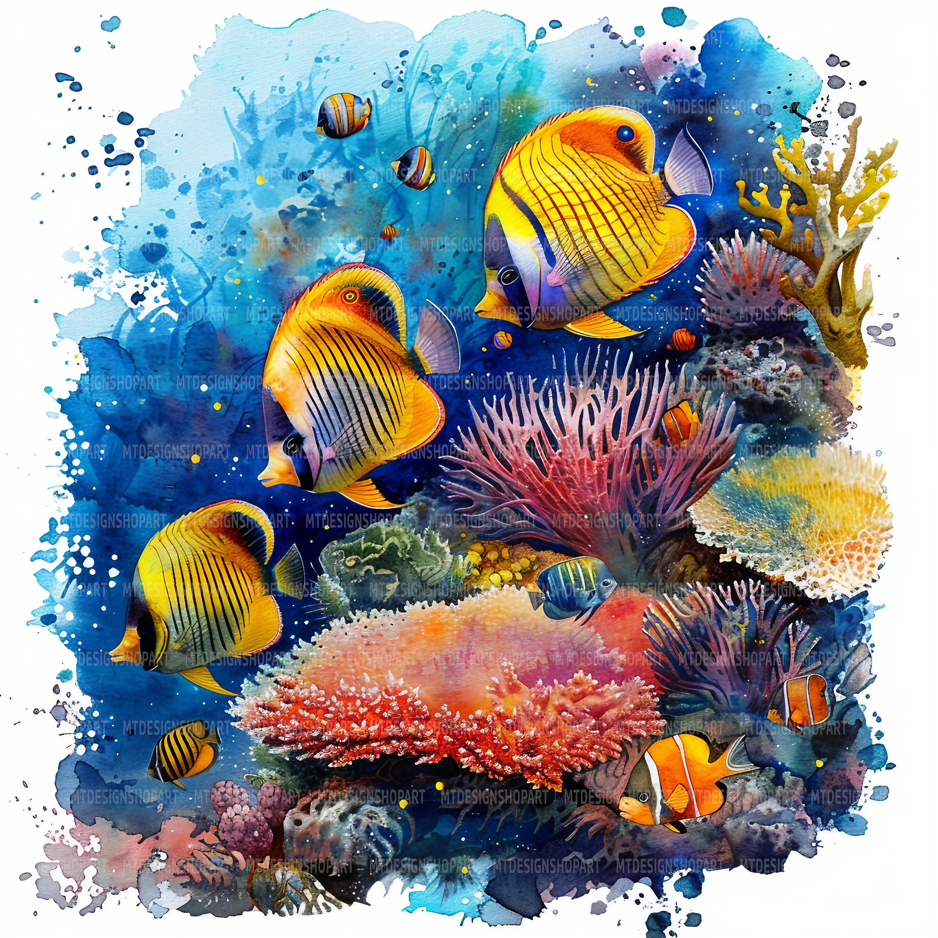 10 Coral Reef Clipart, Underwater Life Clipart, Printable Watercolor ...