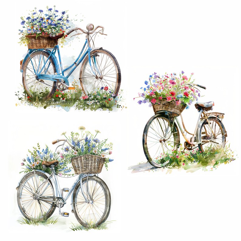 18 Vintage Floral Bicycle Clipart, Shabby Chic, Printable Watercolor ...