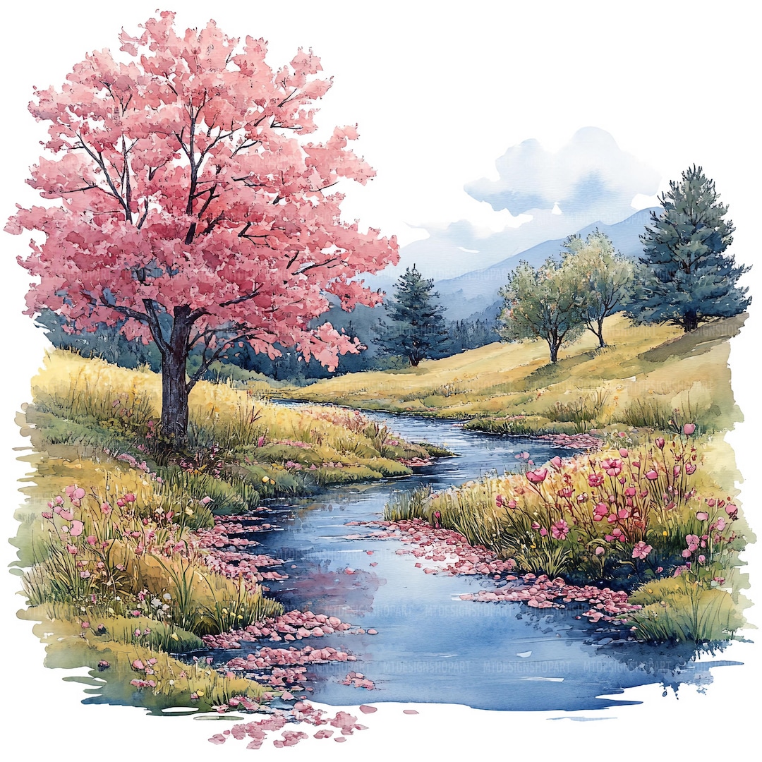 19 River Landscape Clipart, Landscape Clipart, Printable Watercolor ...