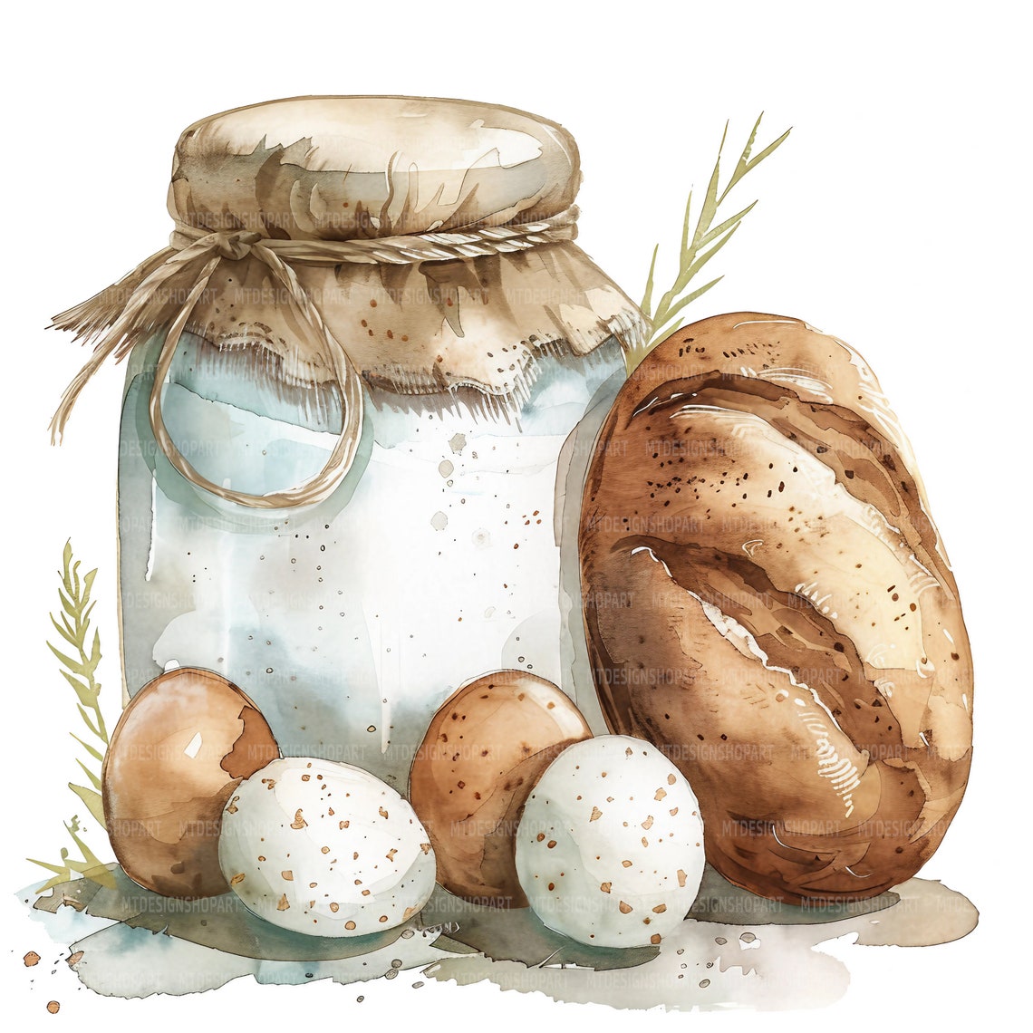 15 Rustic Jar Clipart, Rustic Bread Clipart, Easter Eggs, Watercolor ...