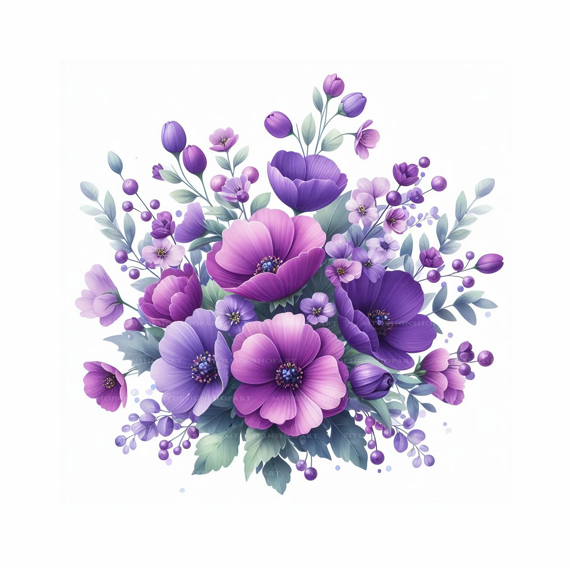 14 Purple Flowers Bouquet Clipart, Violet Floral, Printable Watercolor ...