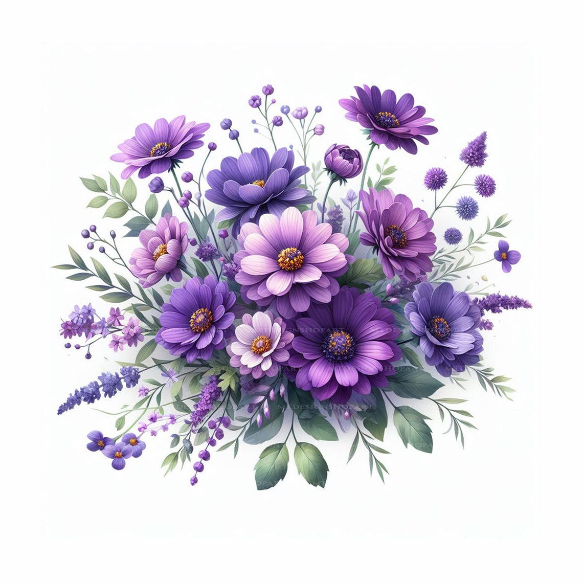 14 Purple Flowers Bouquet Clipart, Violet Floral, Printable Watercolor ...