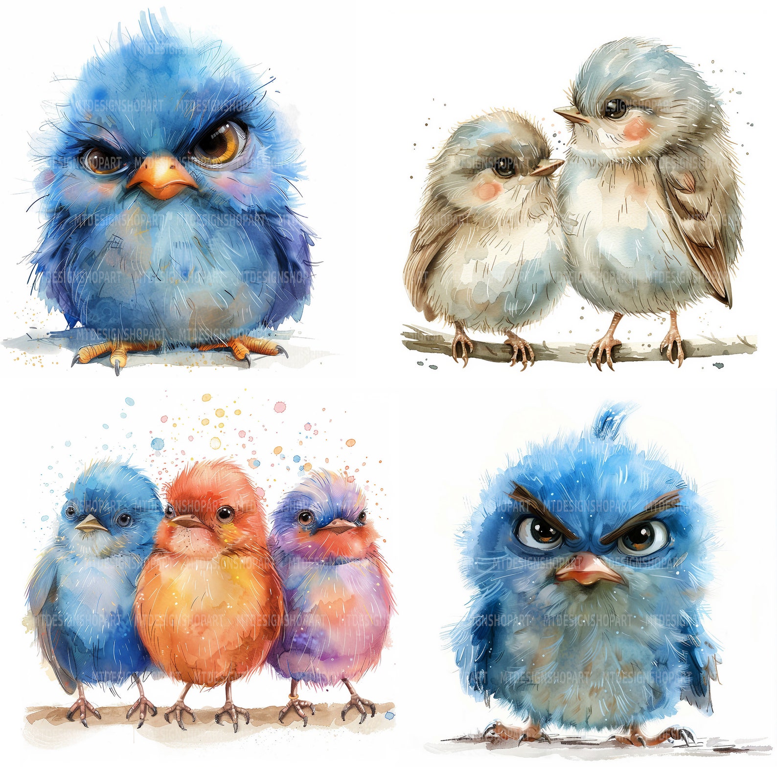 18 Grumpy Birds Clipart, Birds Clipart, Funny Birds, Watercolor Clipart ...