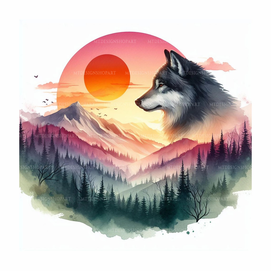 18 Wolf Sunset Clipart, Printable Watercolor Clipart, Watercolor Wolf ...