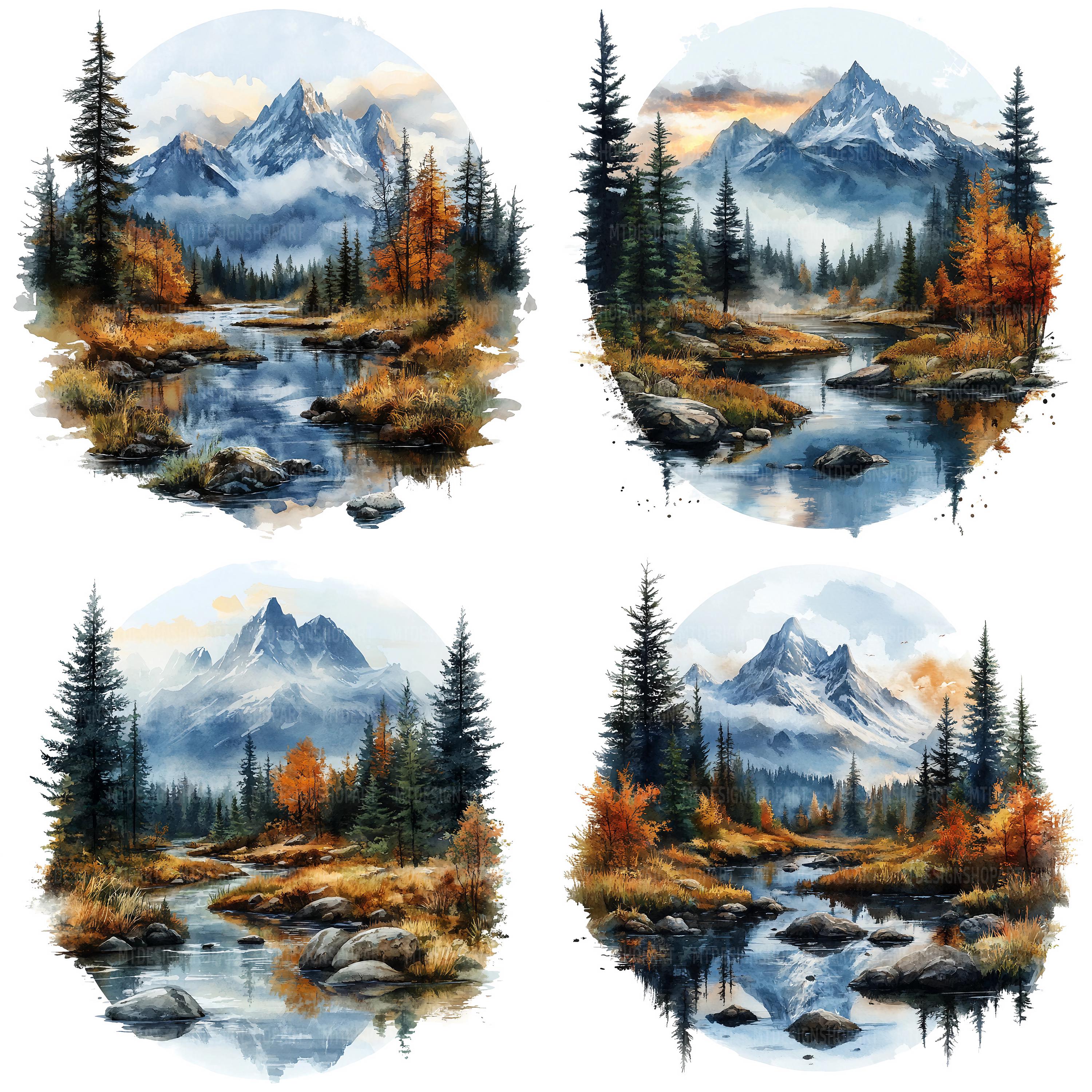 16 Nature Landscape Clipart, Mountain Clipart, Printable Watercolor ...