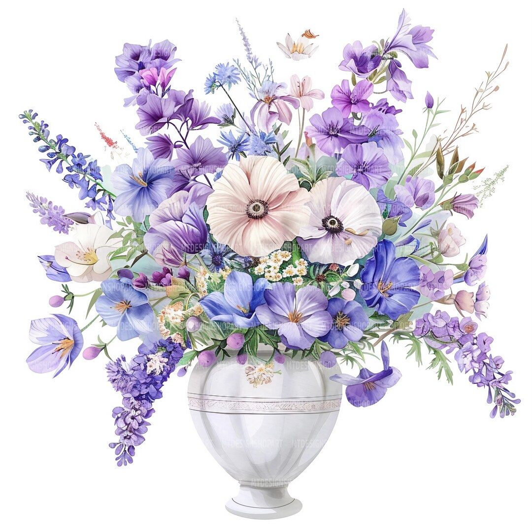 12 Purple Meadow Flowers in Vase Clipart, Purple Flowers Clipart ...