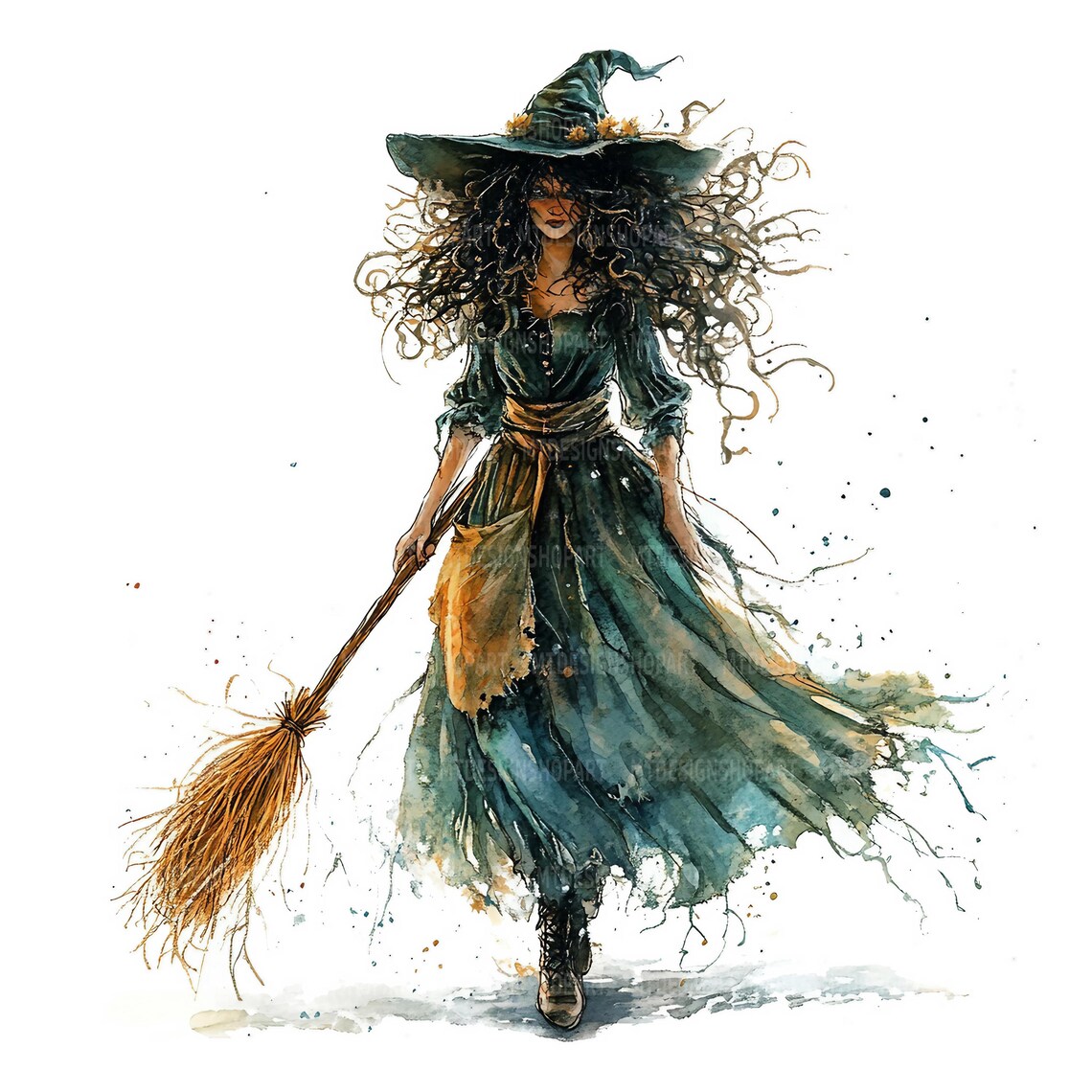 Witch and Broom Watercolor Clipart: Halloween Paper Craft (digital ...
