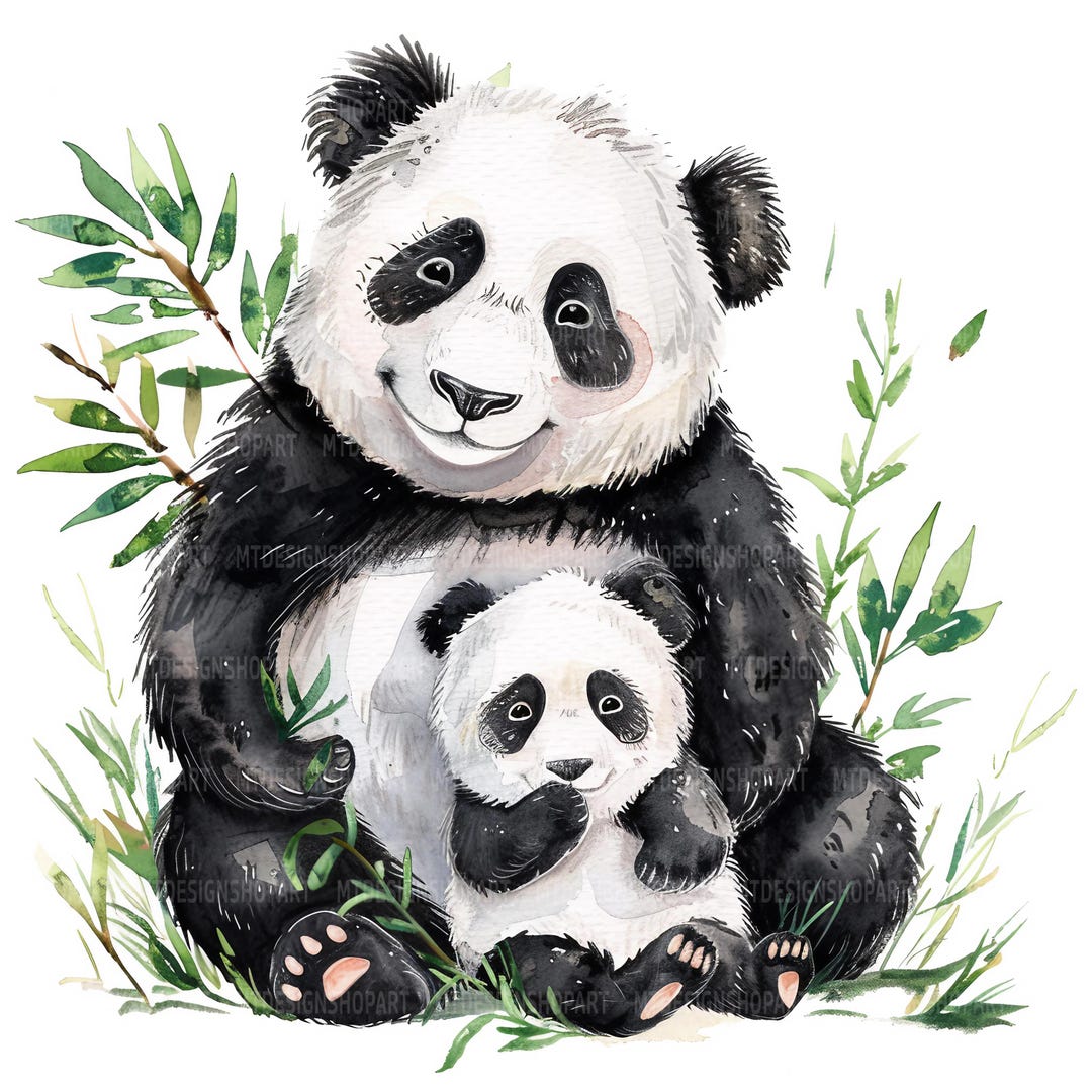 19 Panda Clipart, Mom and Baby Panda Bear Clipart, Printable Watercolor ...