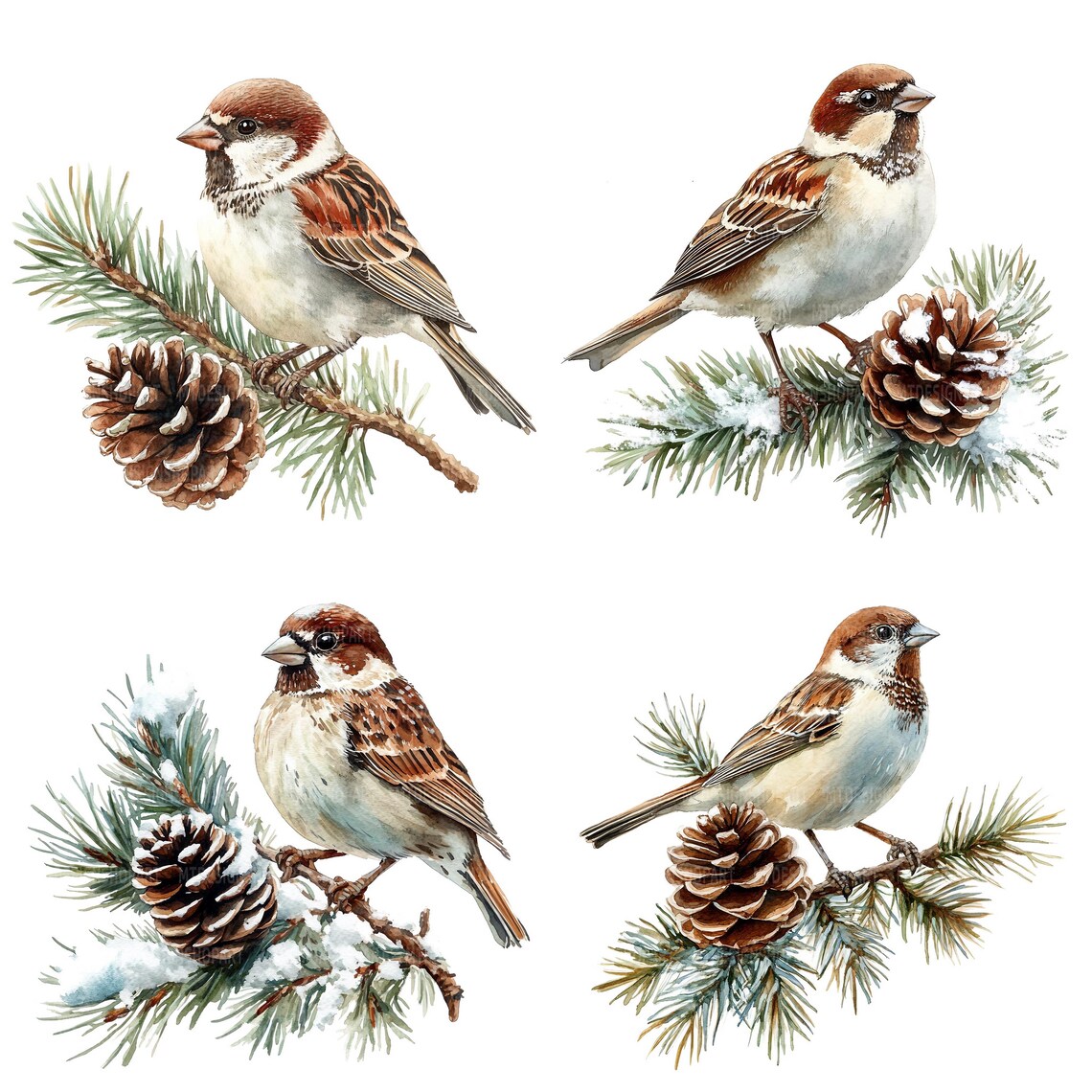19 Sparrow Clipart, Sparrow on a Spruce Branch,, Printable Watercolor ...