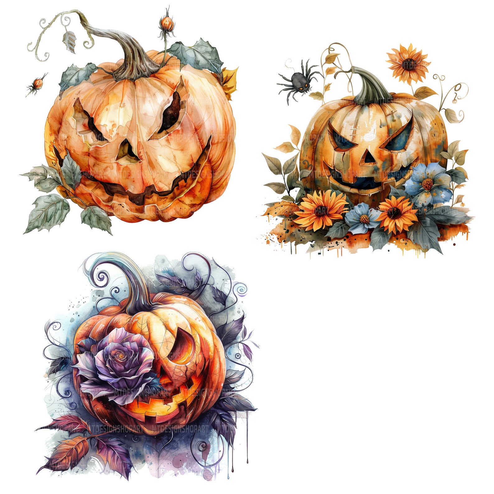 15 Pumpkins Clipart, Halloween Pumpkin, Printable Watercolor Clipart ...
