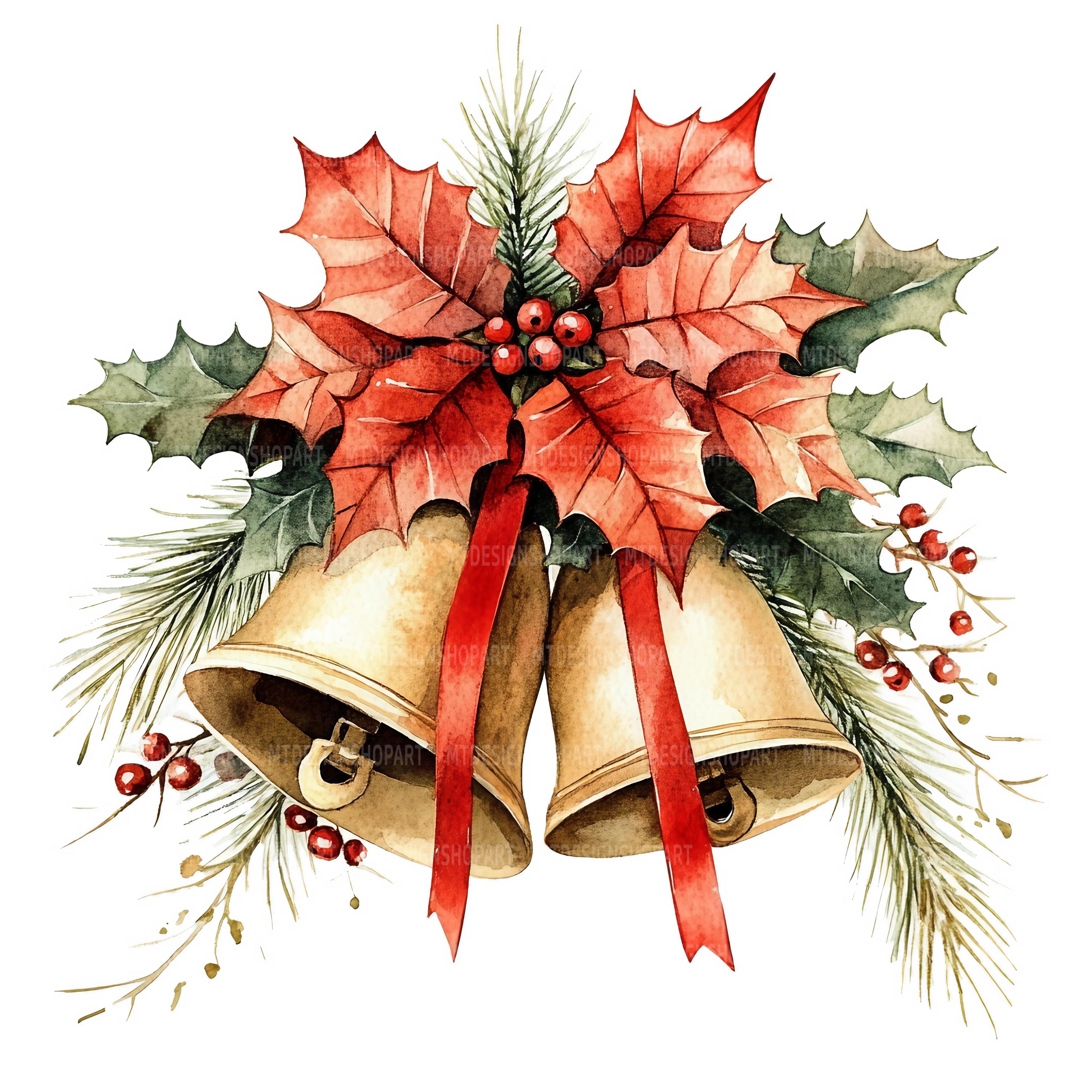 16 Watercolor Christmas Jingle Bell Clipart, JPG, Red Ribbon (digital ...