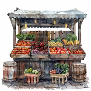 10 Farmers Market Clipart, Fruits and Vegetables Landscape, Printable ...