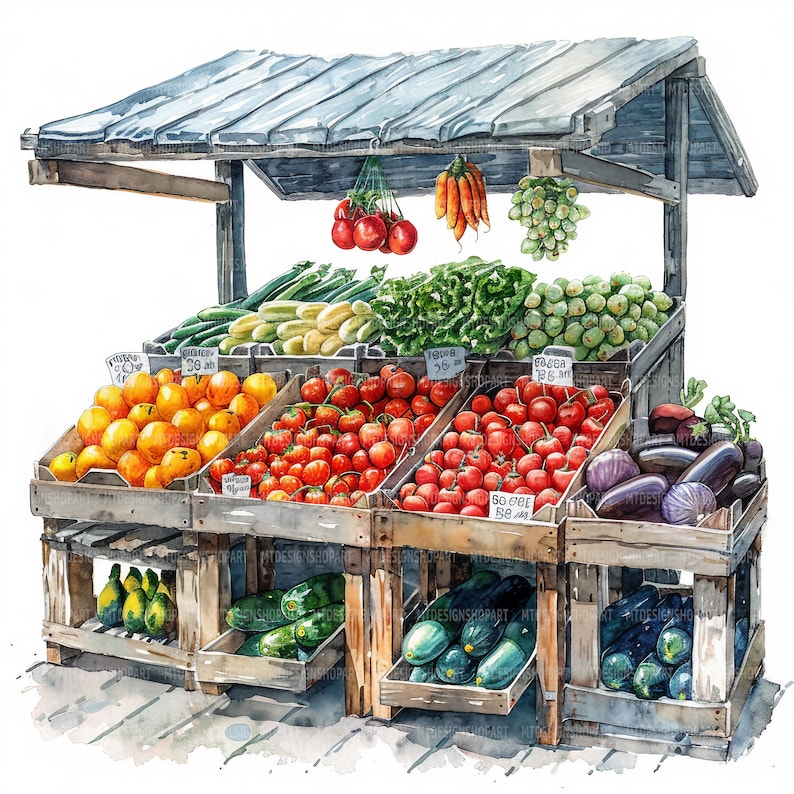10 Farmers Market Clipart, Fruits and Vegetables Landscape, Printable ...