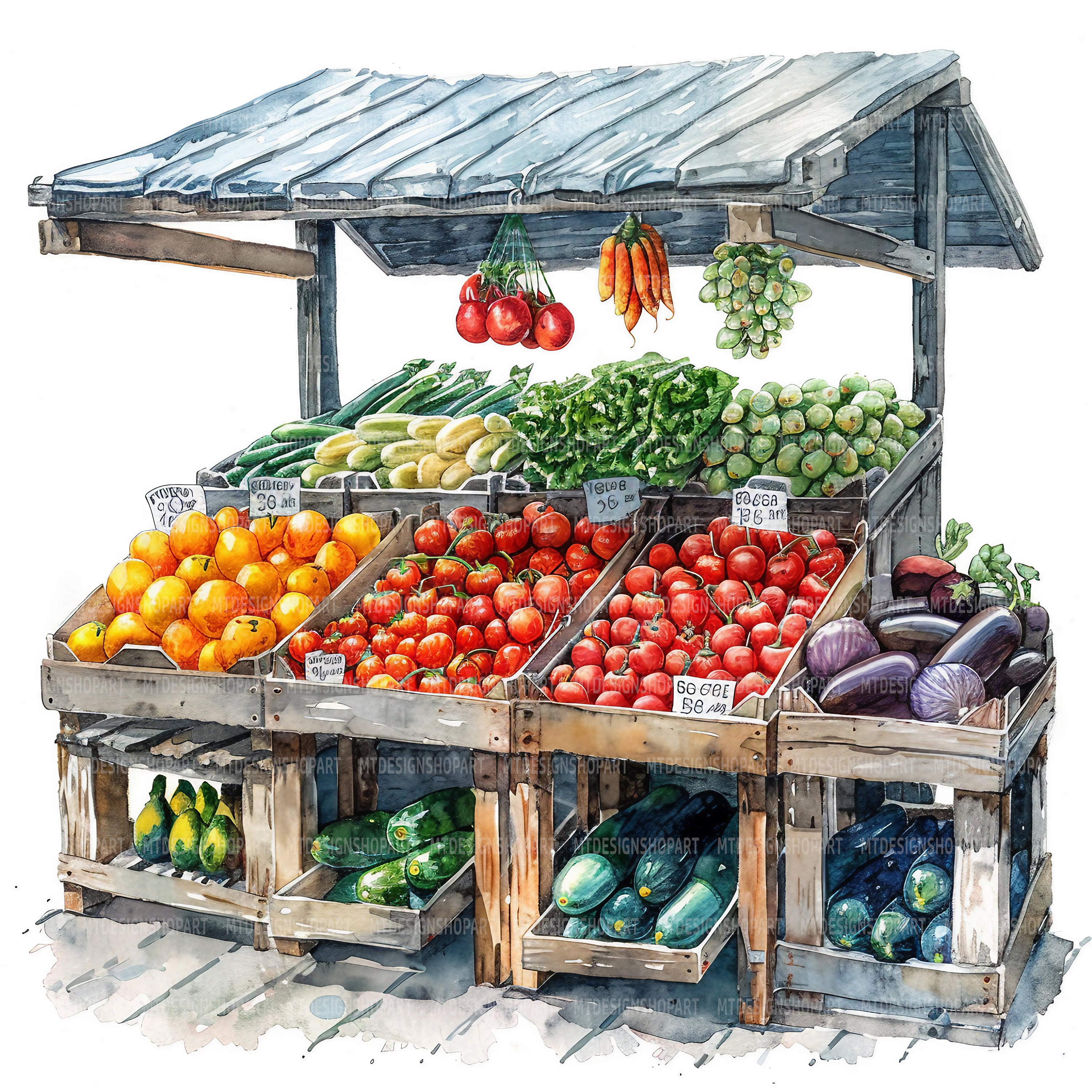 10 Farmers Market Clipart, Fruits and Vegetables Landscape, Printable ...