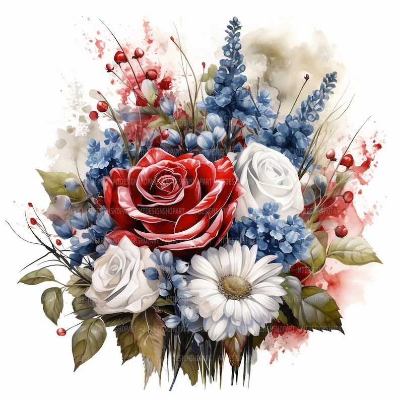 13 Roses Bouquet Clipart, USA Roses Clipart, Printable Watercolor ...