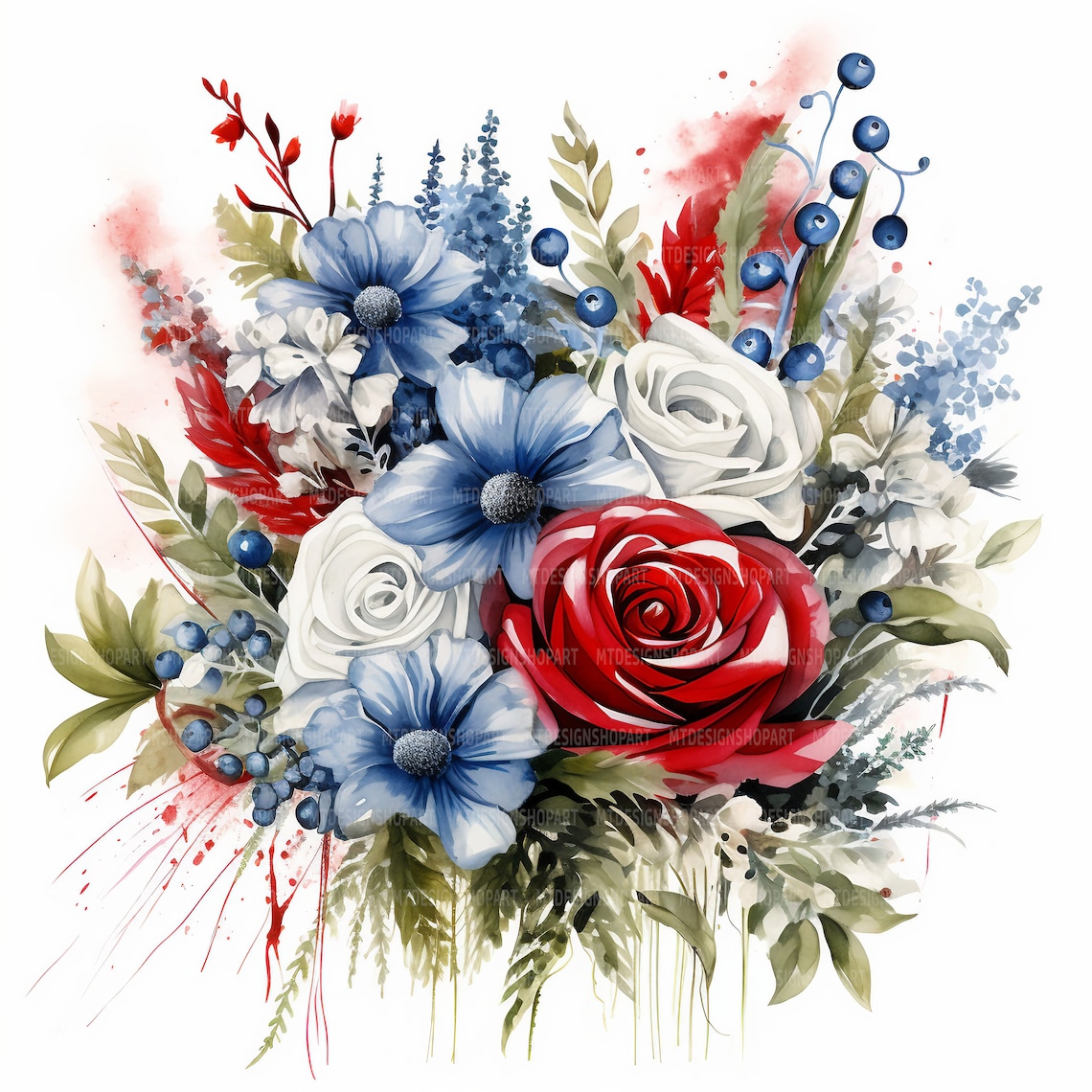 13 Roses Bouquet Clipart, USA Roses Clipart, Printable Watercolor ...