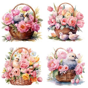 19 Floral Easter Chick Baskets Clipart, Flowers Basket Art, Printable ...