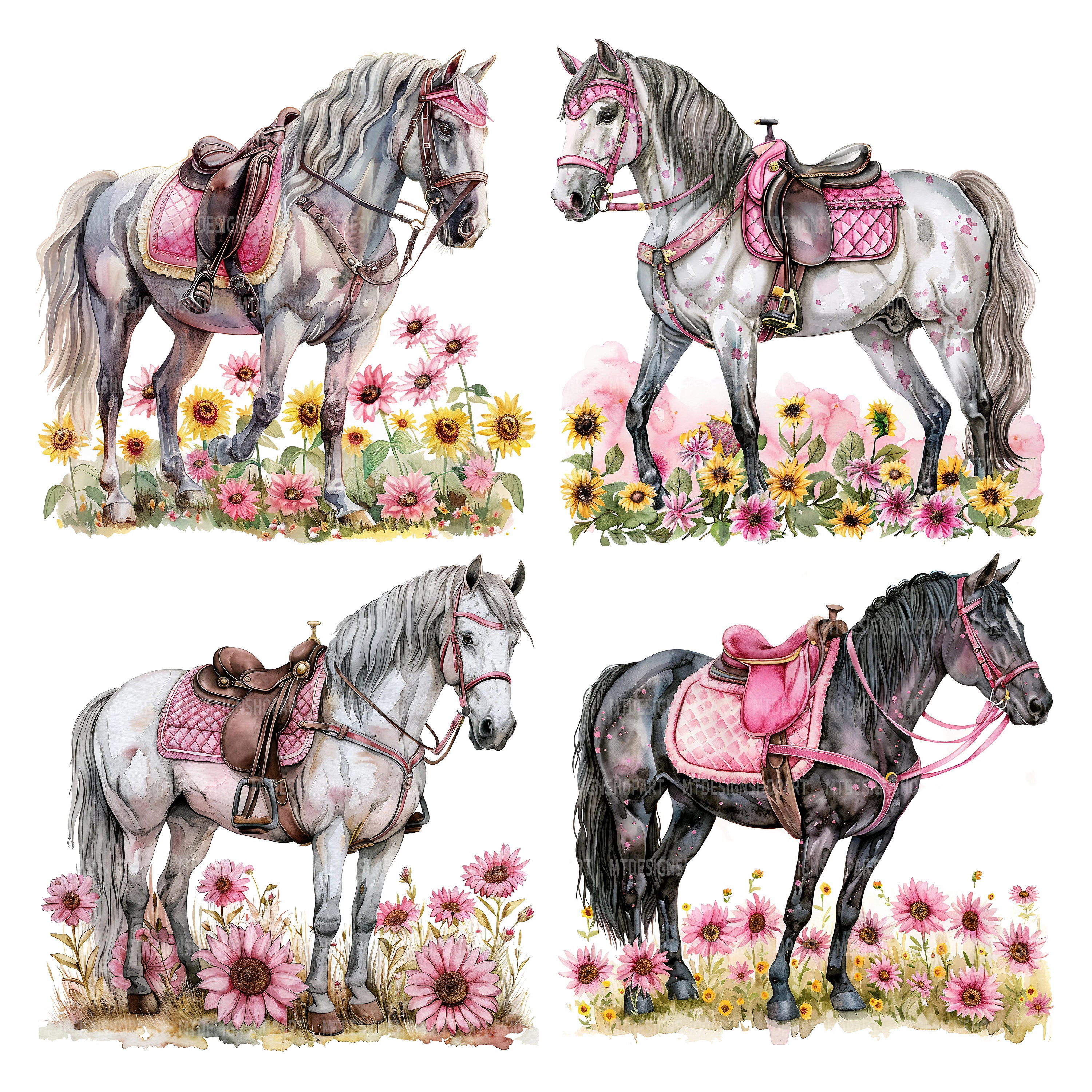 24 Horses in Flowers Clipart, Majestic Horses, Printable Watercolor ...