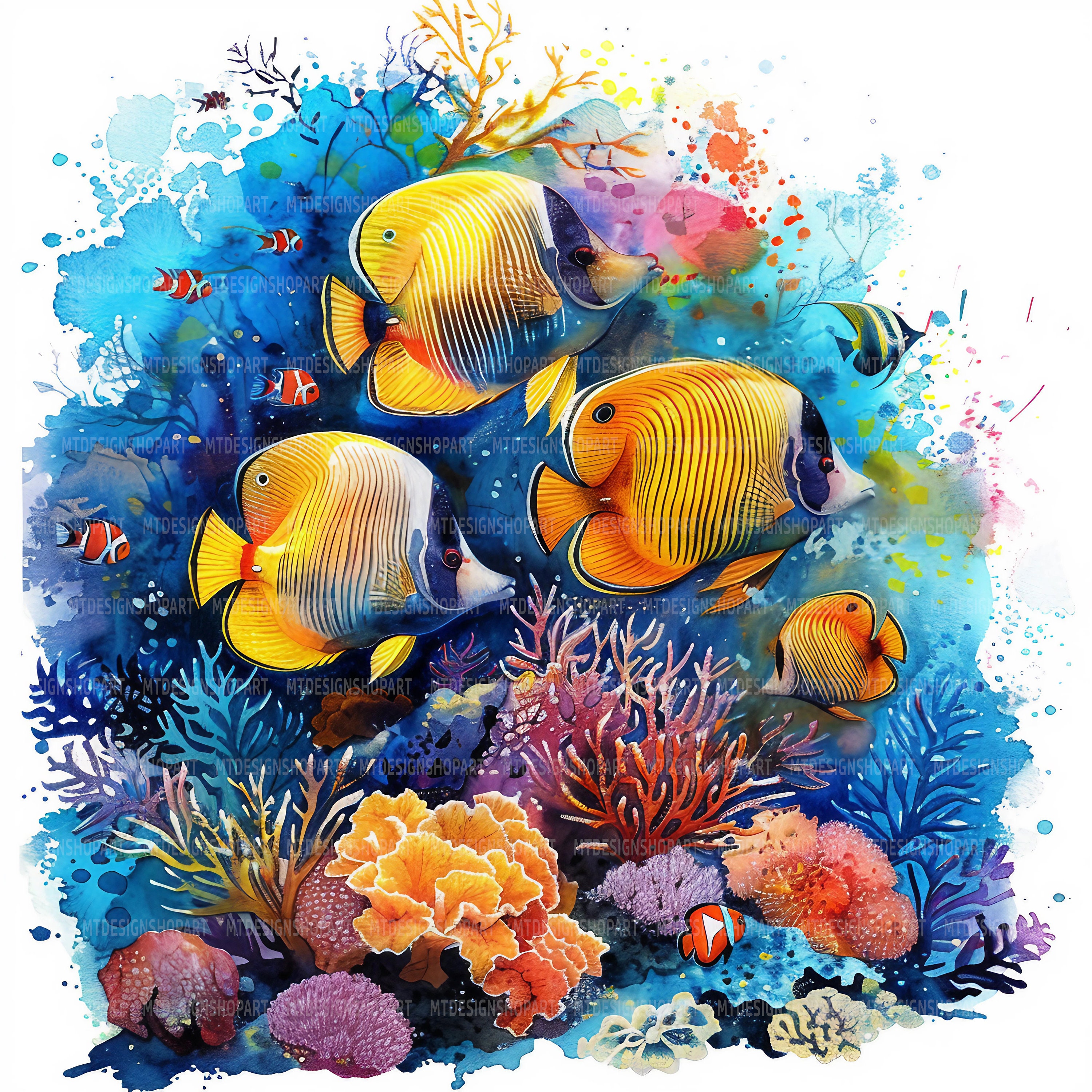 10 Coral Reef Clipart, Underwater Life Clipart, Printable Watercolor ...