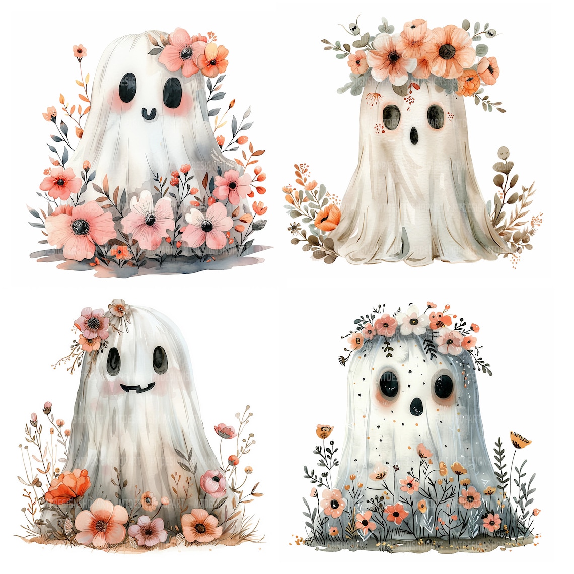 24 Floral Ghost Clipart, Halloween Ghost, Flowers Clipart, Printable ...