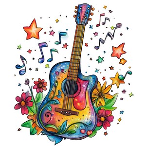 16 Colorful Guitar With Musical Notes Clipart, Printable Watercolor ...