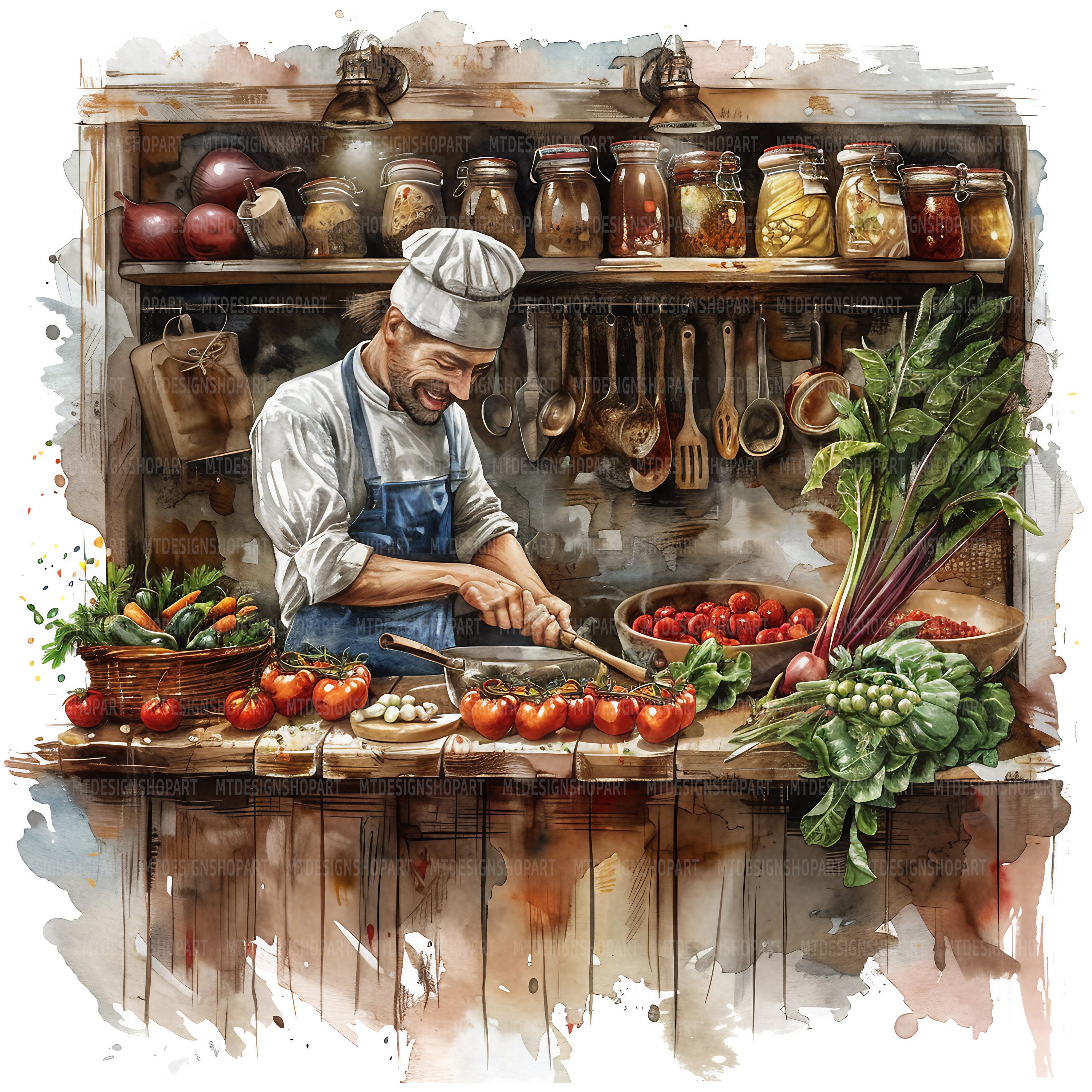 10 Happy Cook in Countryside Clipart, Cooking Chef Clipart, Watercolor ...