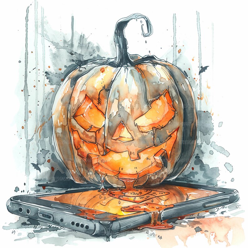 14 Pumpkin and Phone Clipart, Phone Clipart, Printable Watercolor ...