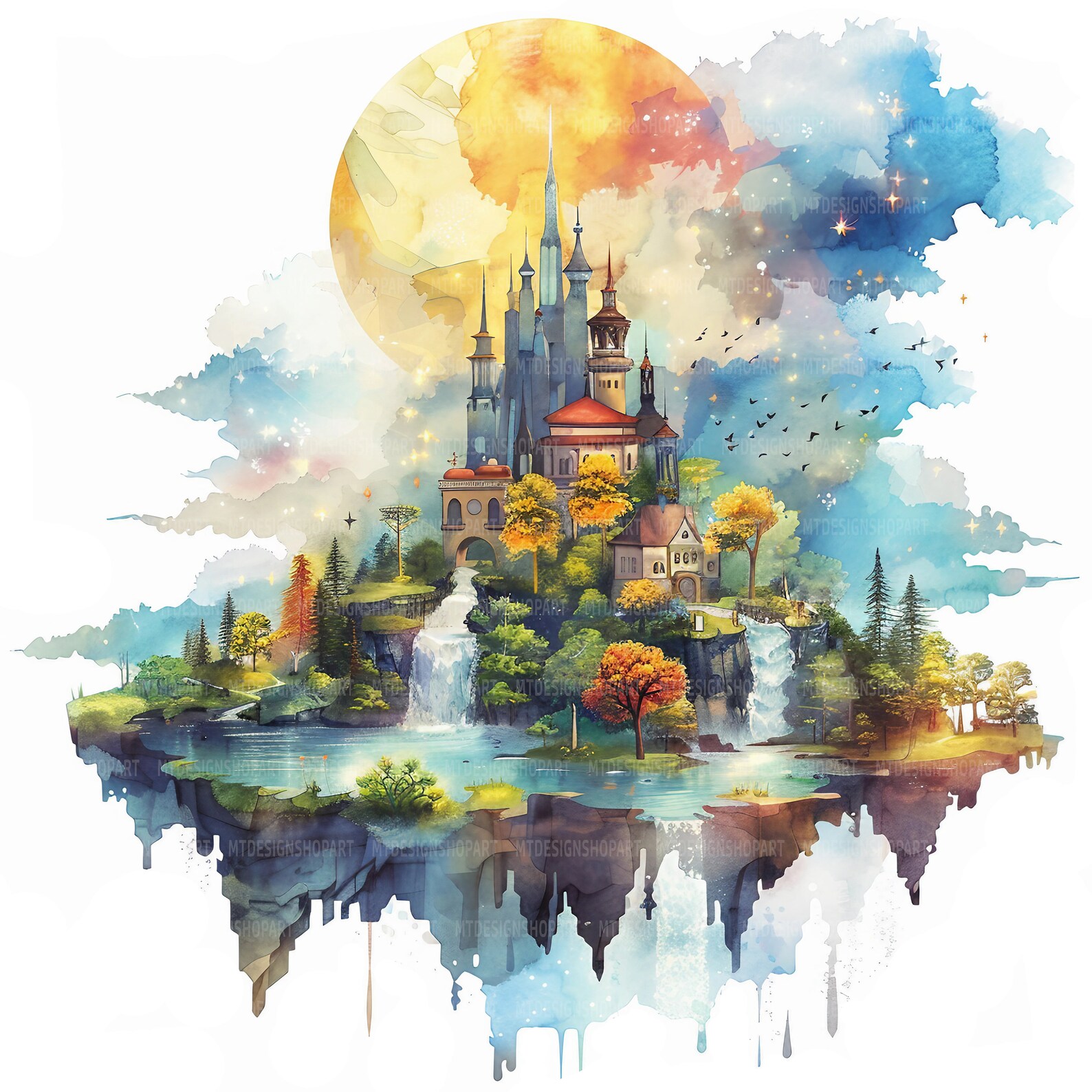 12 Floating Castle Clipart, Castle in Sky Landscape, Printable ...