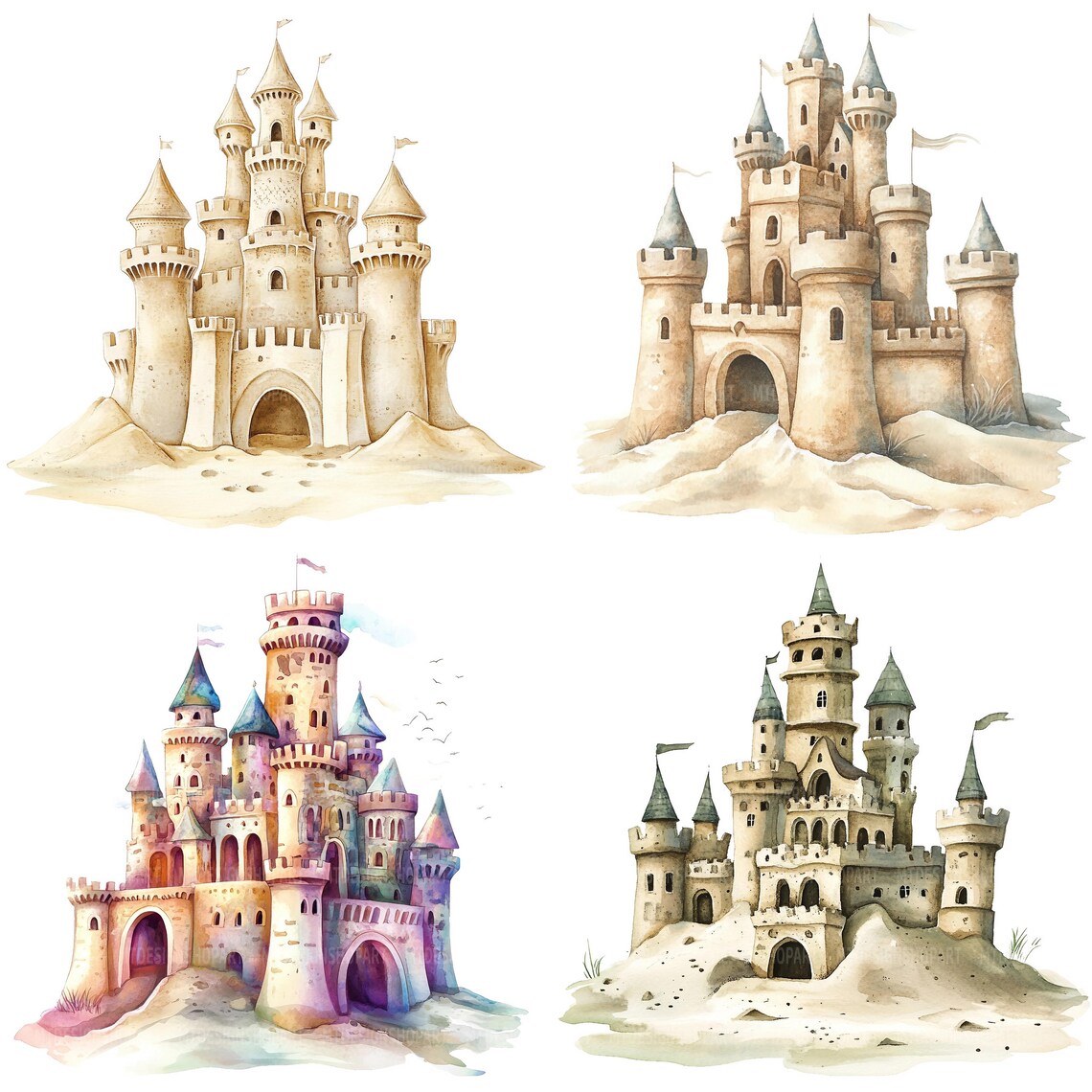 19 Watercolor Sand Castle Clipart, JPG, Cartoon Castle, Paper Craft ...