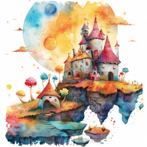 12 Floating Castle Clipart, Castle in Sky Landscape, Printable ...