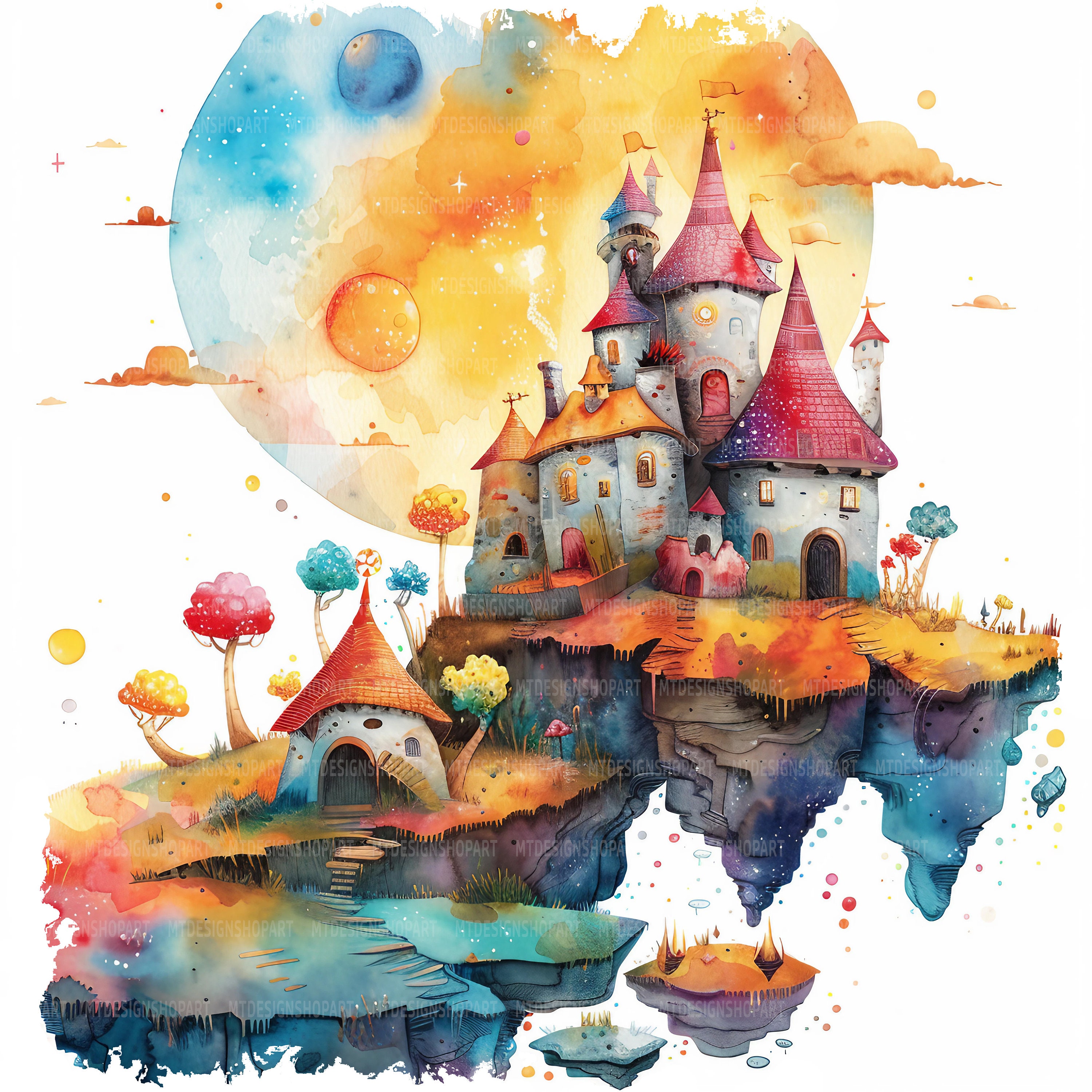 12 Floating Castle Clipart, Castle in Sky Landscape, Printable ...