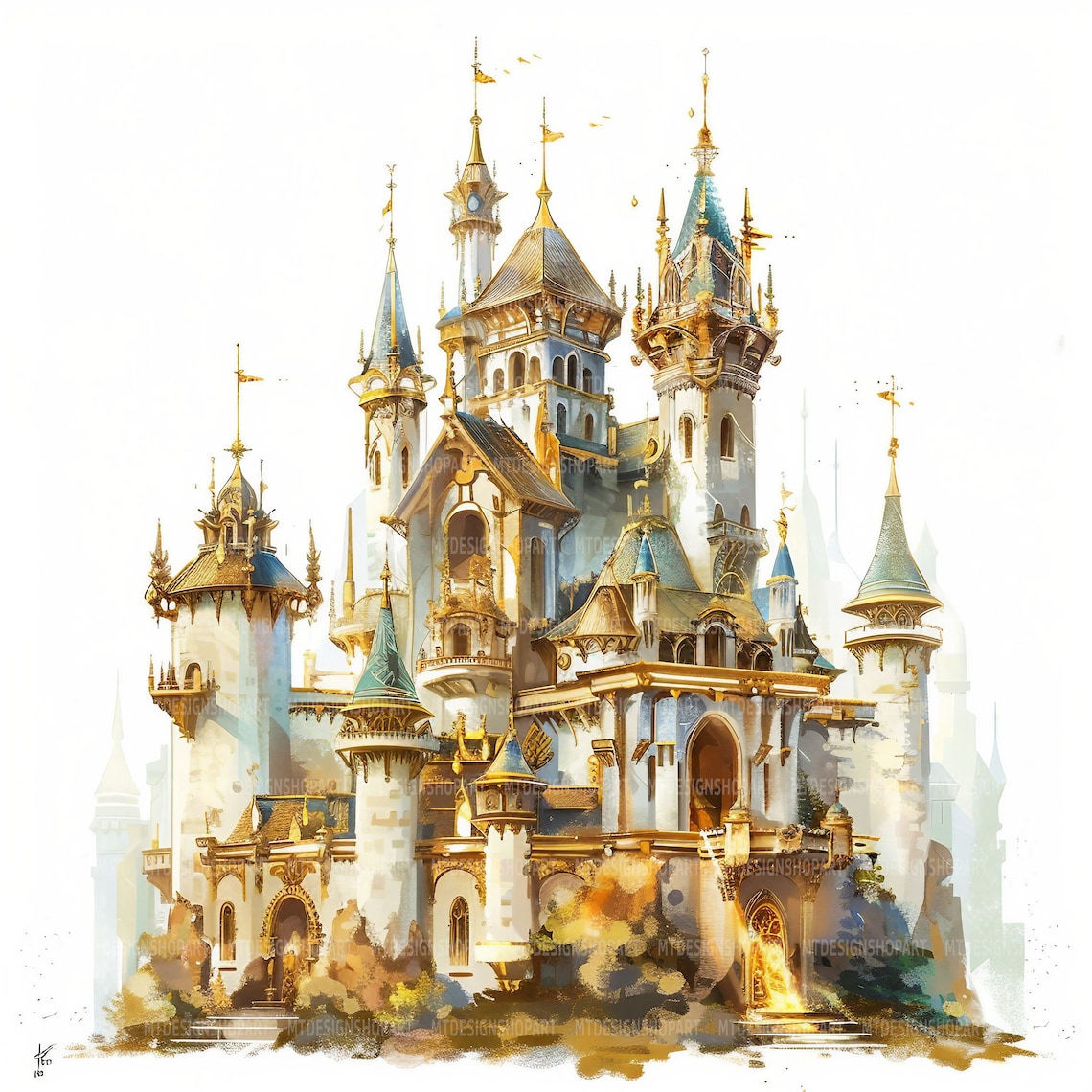 16 Golden Castle Clipart, Castle Clipart, Printable Watercolor Clipart ...