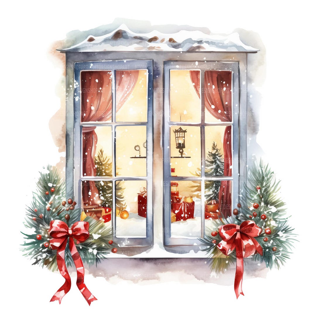 22 Watercolor Christmas Window Clipart, S2, Christmas Window, Printable ...