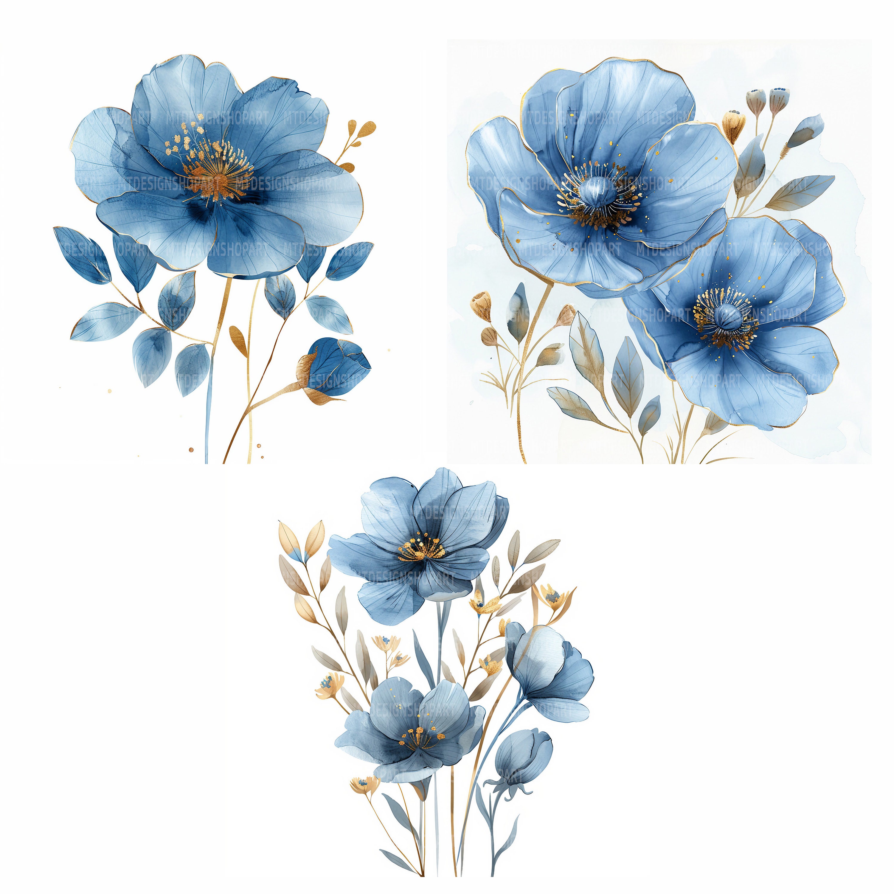 18 Abstract Blue Flowers Clipart, Flowers Print, Printable Watercolor ...