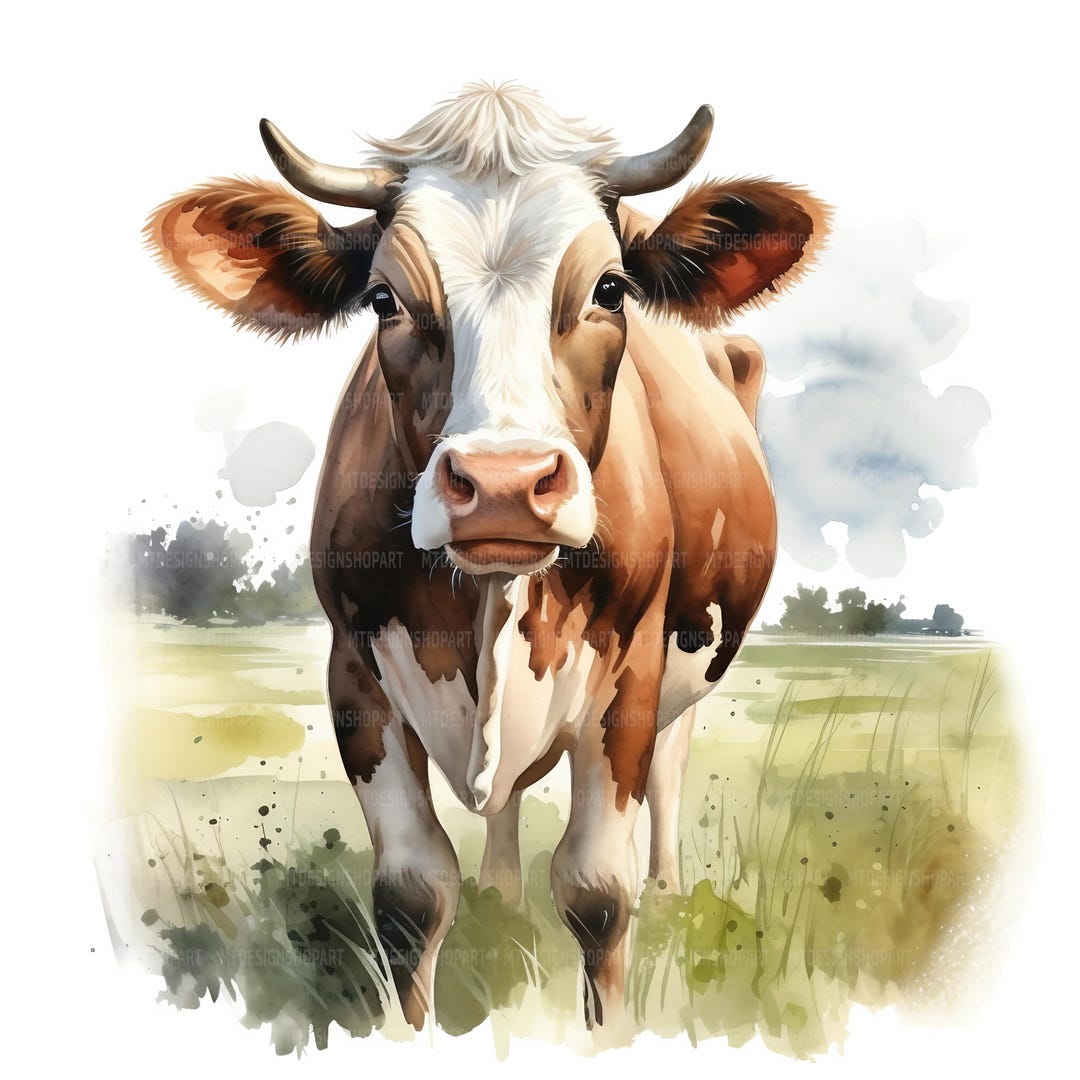 18 Cow Clipart, Farm Landscape, Printable Watercolor Clipart, Paper ...