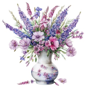 12 Purple Meadow Flowers in Vase Clipart, Purple Flowers Clipart ...