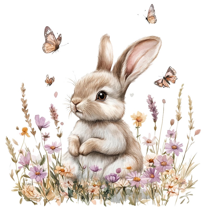 20 Bunny Butterfly and Wildflowers Clipart, Floral Rabbit, Printable ...
