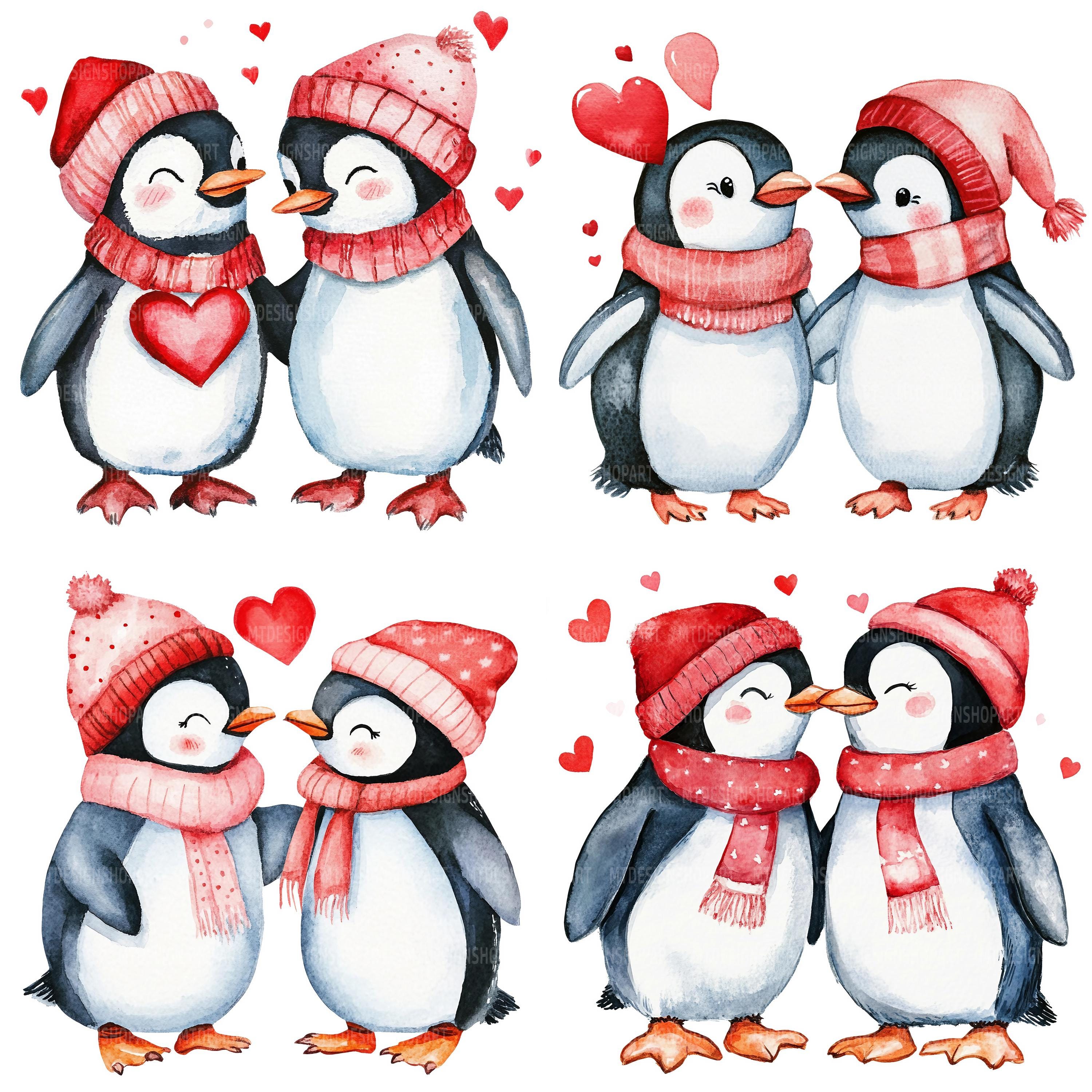 16 Valentine Penguins Clipart, Penguin Couple, Printable Watercolor ...