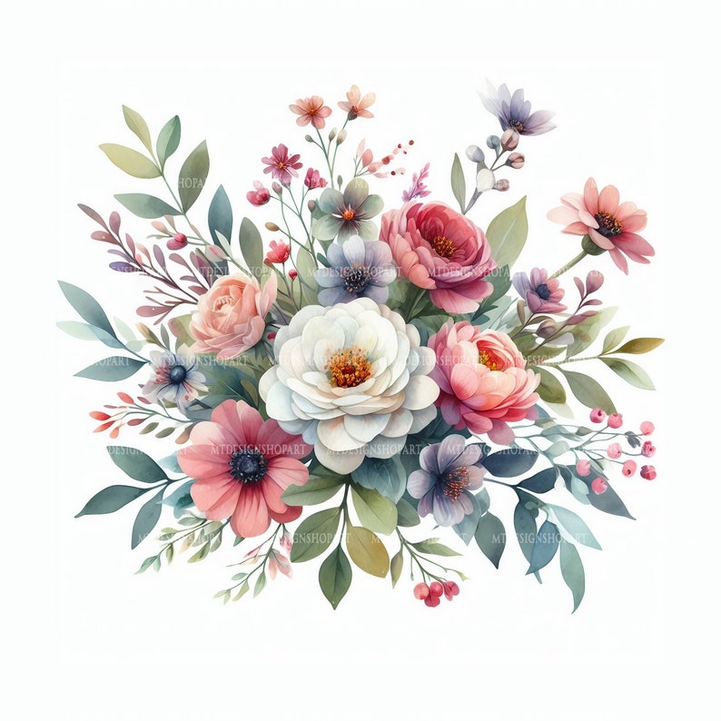 22 Flowers Bouquet Clipart, Bright Flowers, Printable Watercolor ...