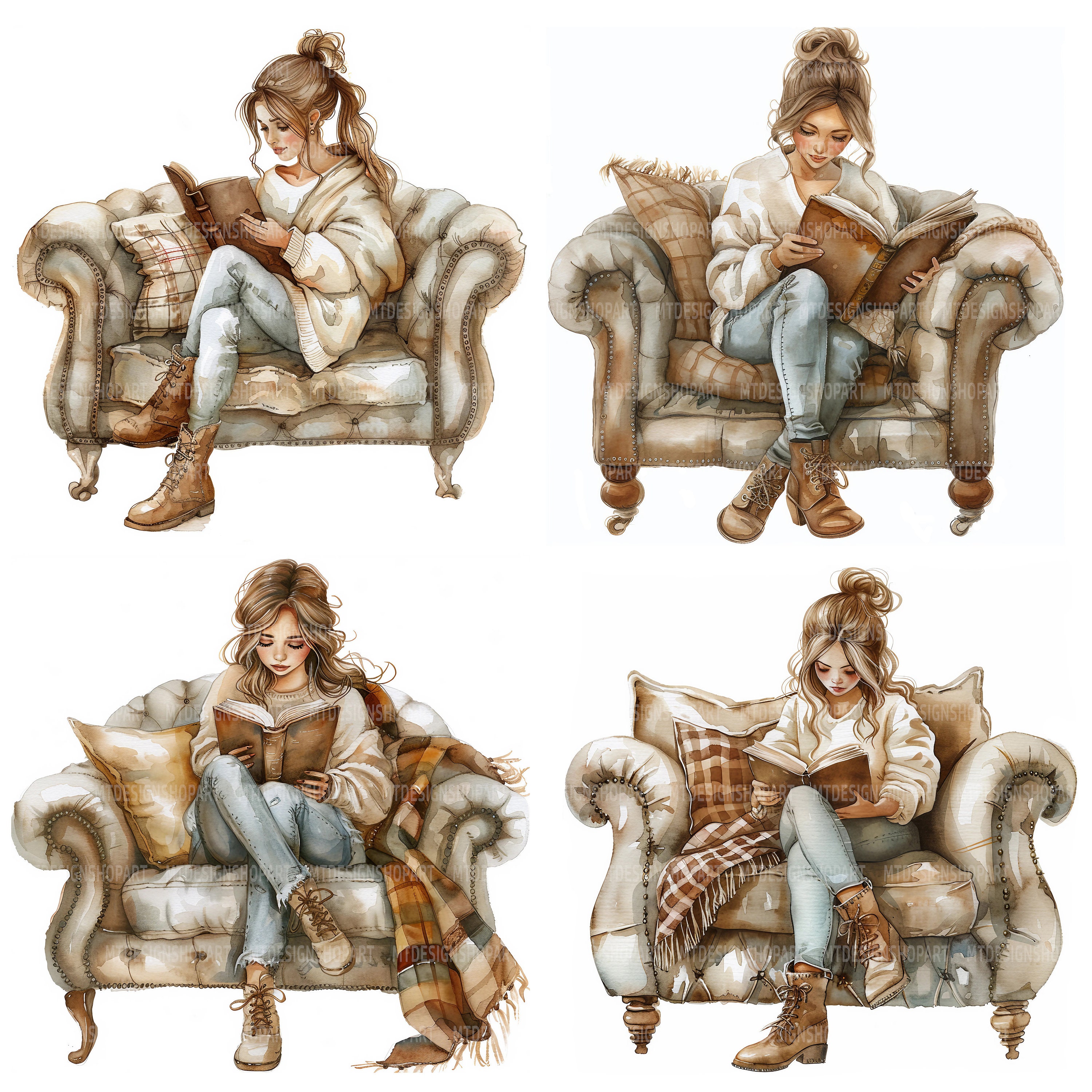 14 Pretty Girl Reading Book Clipart, Sofa Clipart, Printable Watercolor ...