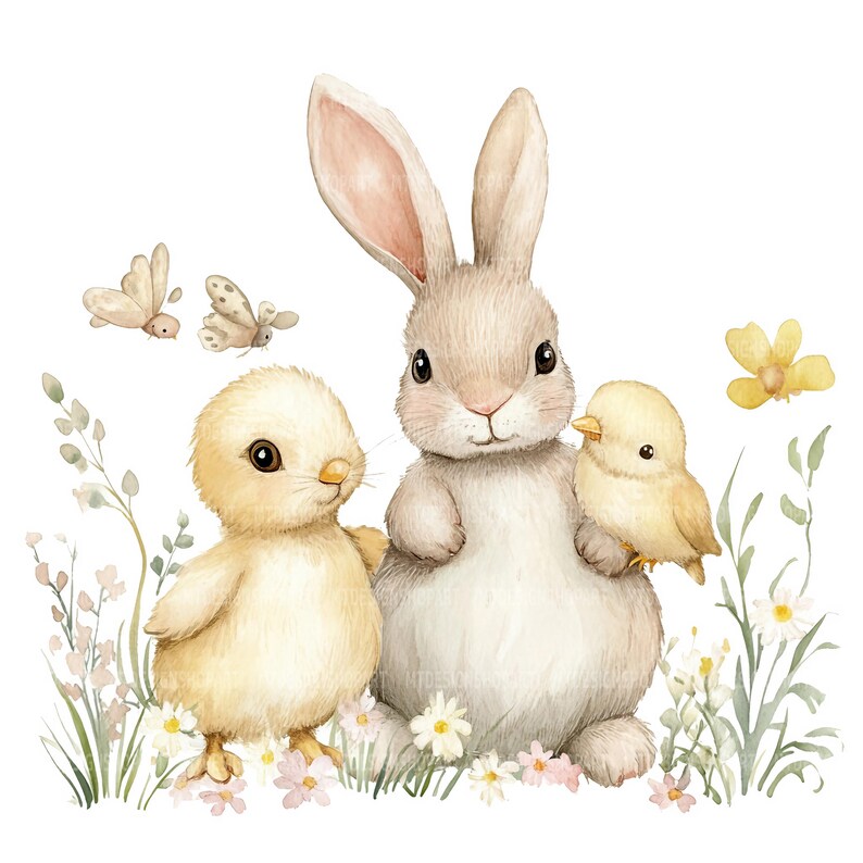 Watercolor Bunny & Chick Clipart: Floral Spring Designs (digital ...