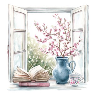 18 Window With Books Clipart, Cozy Window Scene, Printable Watercolor ...
