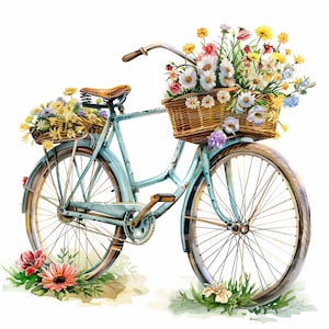 18 Vintage Floral Bicycle Clipart, Shabby Chic, Printable Watercolor ...